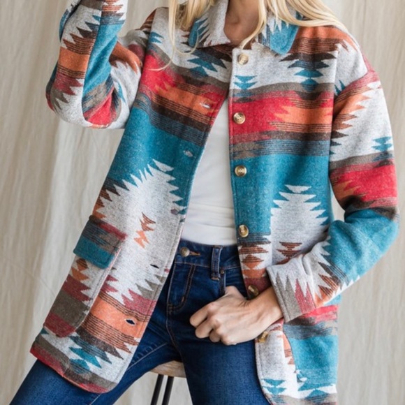 JODIFL | Jackets & Coats | Aztec Print Jacket Tealorangegrey Cozy Soft ...
